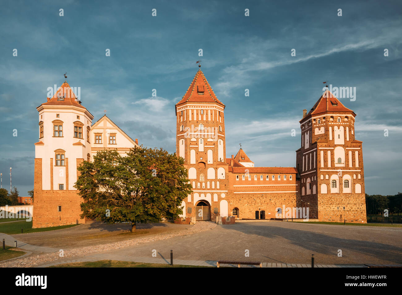 Mir, Belarus. Mir Castle Complex On Blue Sunny Sunset Sky Background ...