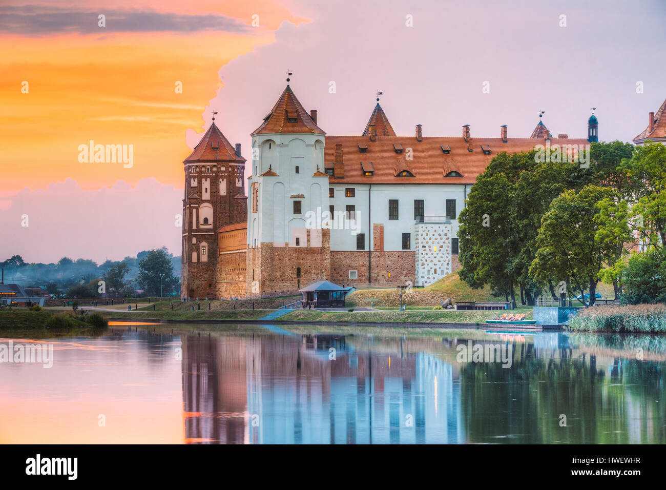 Mir, Belarus. Scenic View Of Castle Complex Mir On Sunny Sunset Sky ...