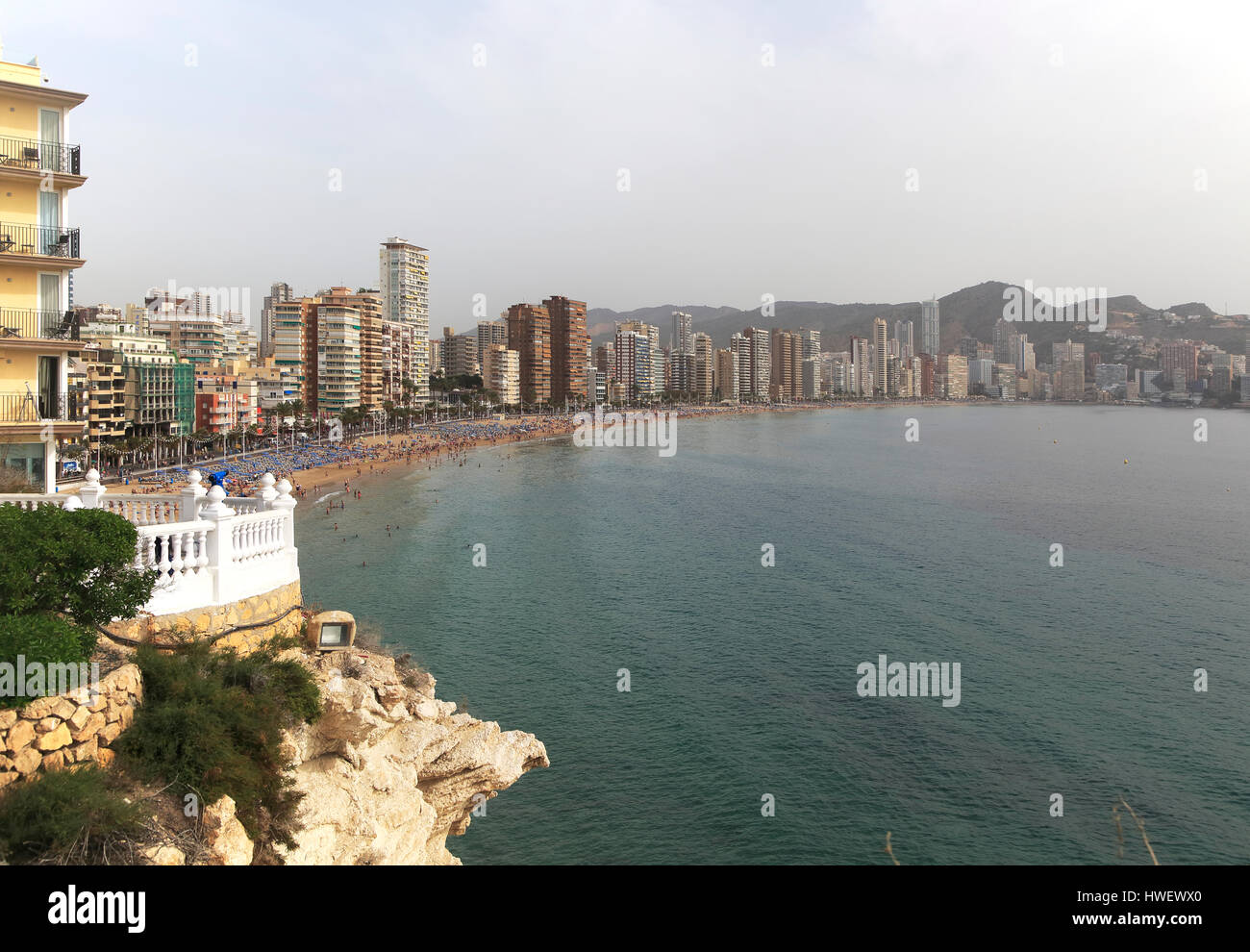 High rise apartment buildings and hotels seafront, Playa Levante sandy ...