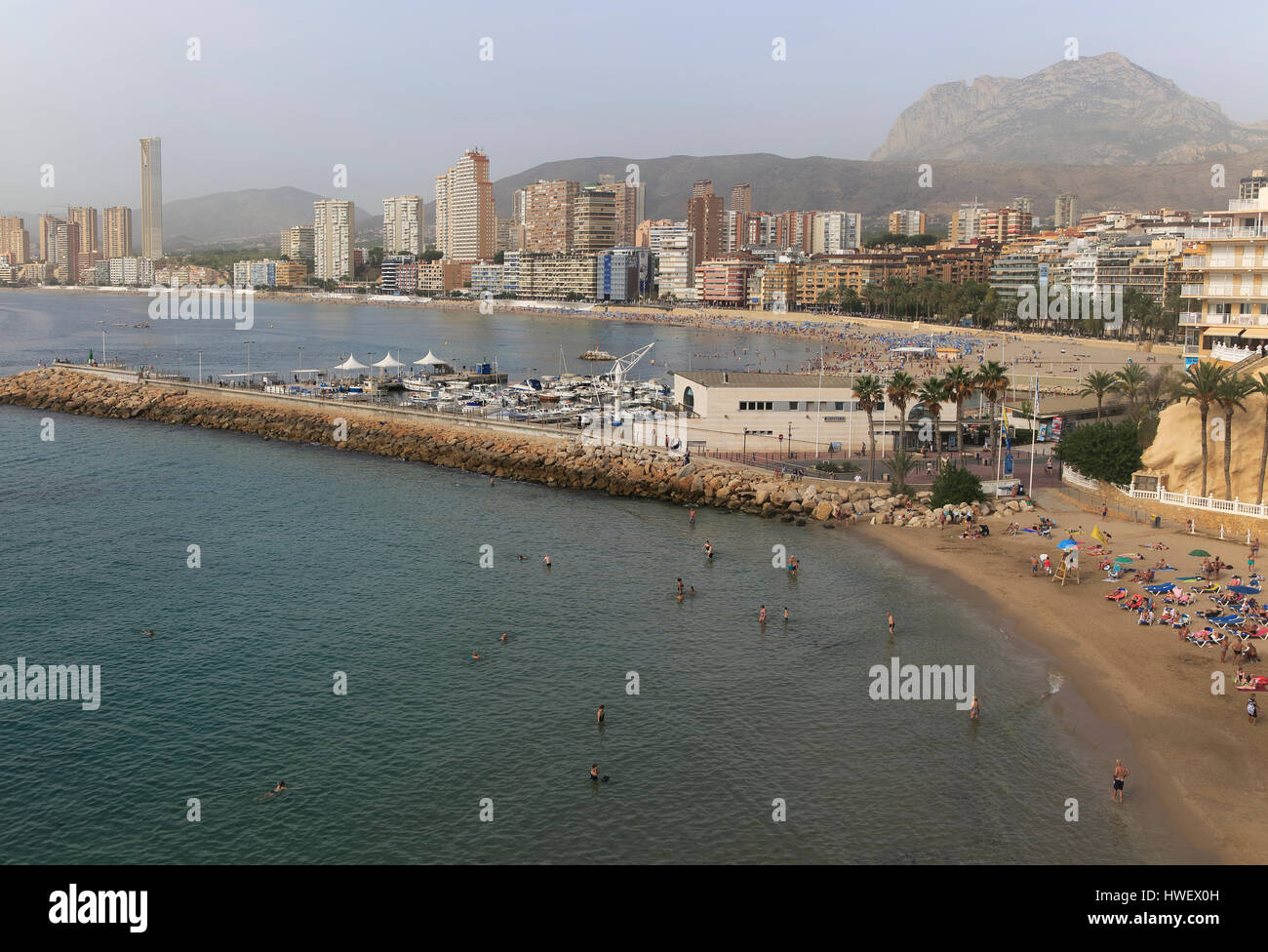 High rise apartment buildings and hotels seafront, Playa Poniente sandy ...