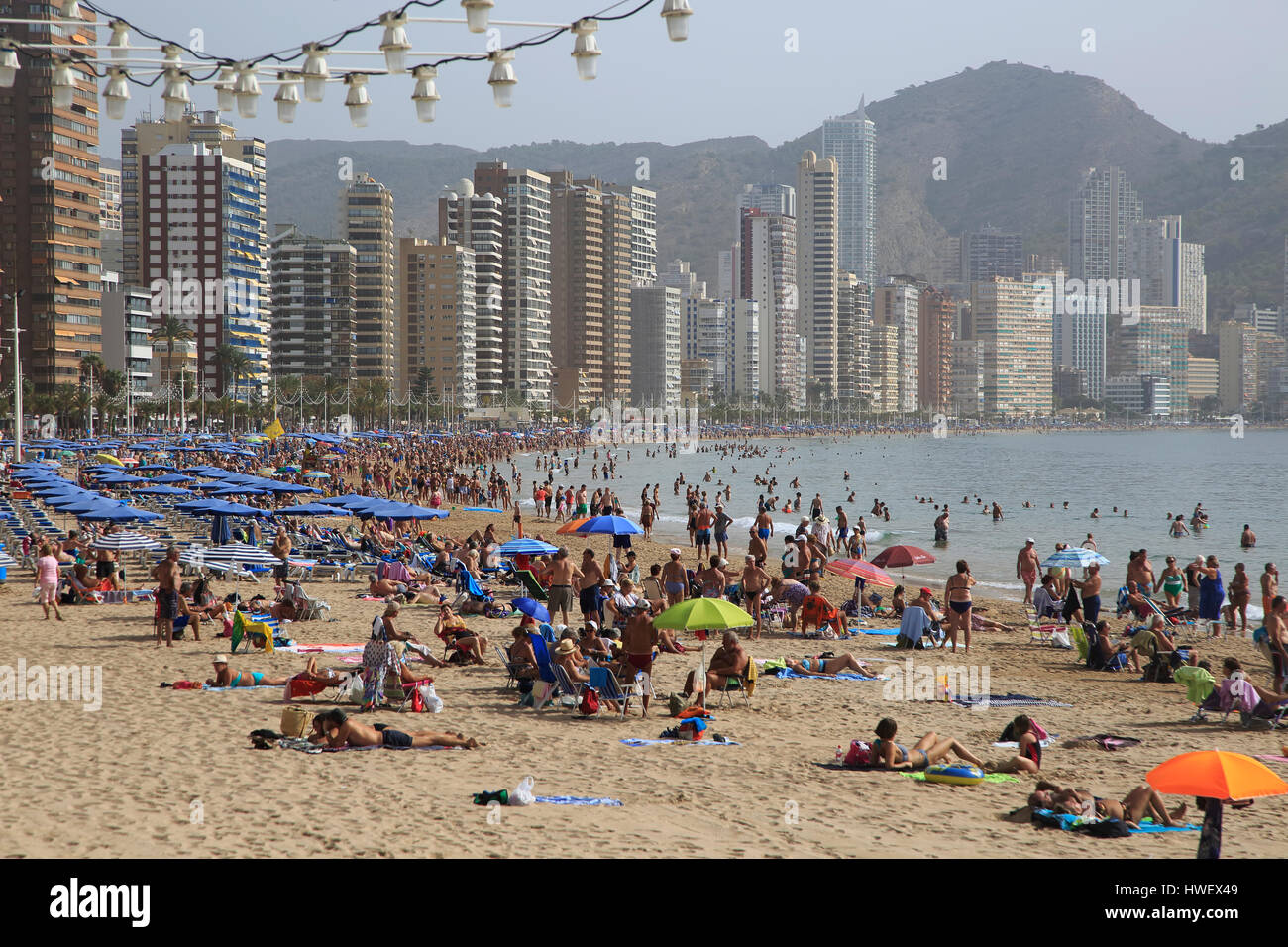 High rise apartment buildings and hotels seafront, Playa Levante sandy ...