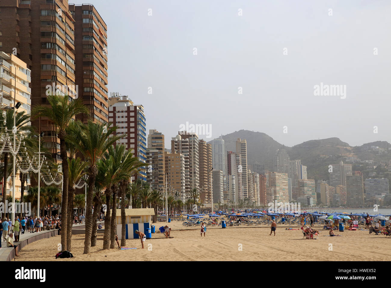 High rise apartment buildings and hotels seafront, Playa Levante sandy ...