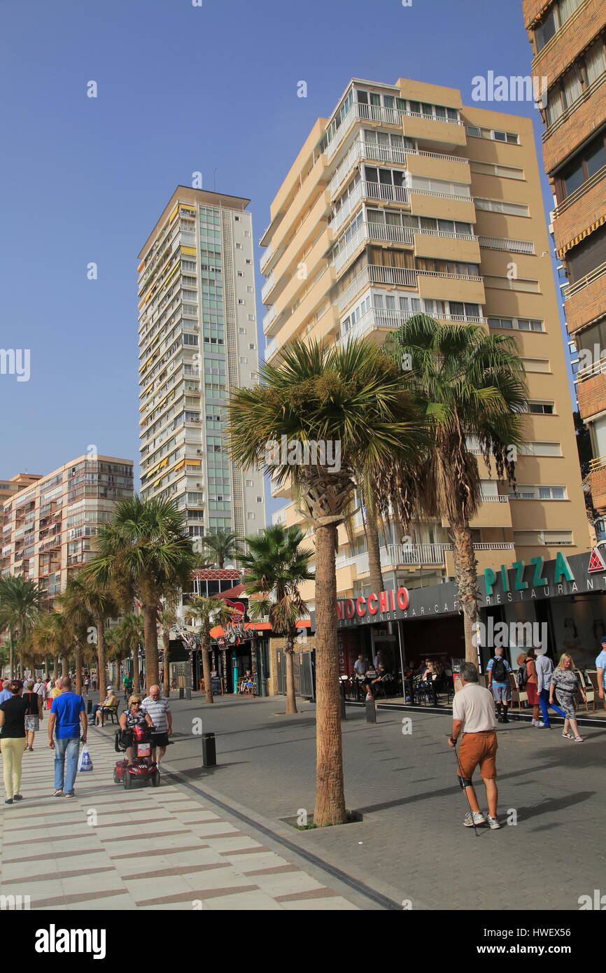 High rise apartment buildings and hotels seafront, Playa Levante beach ...