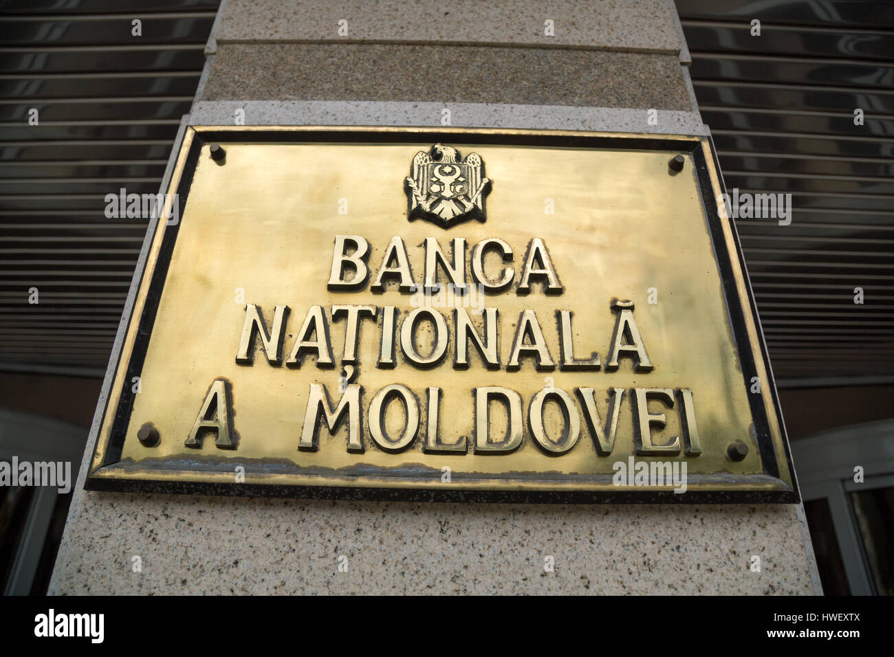 Chisinau, Moldova, sign at the entrance to the National Bank of Moldova ...