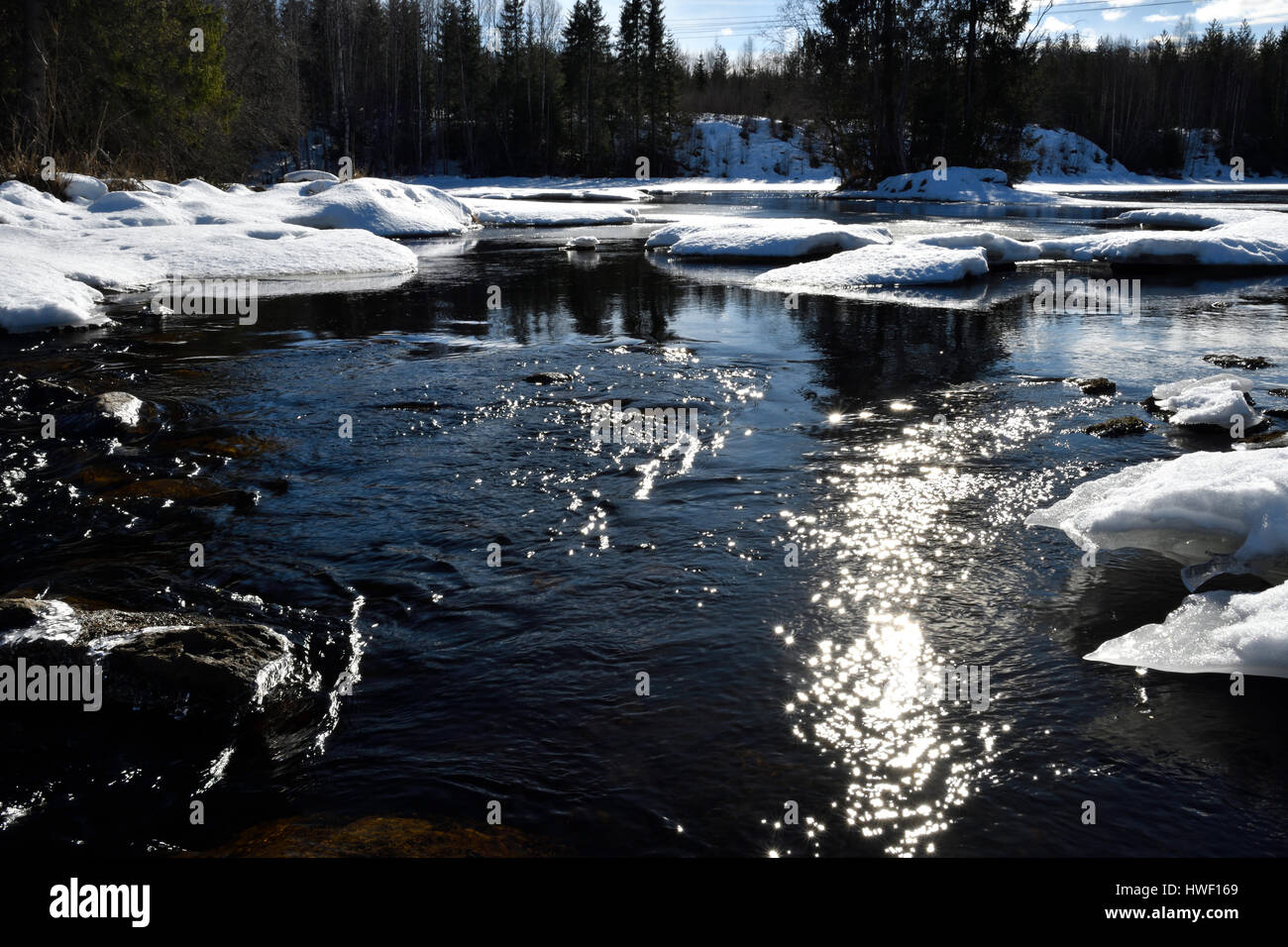 River in the forest with ice snow in the water,picture from the North ...