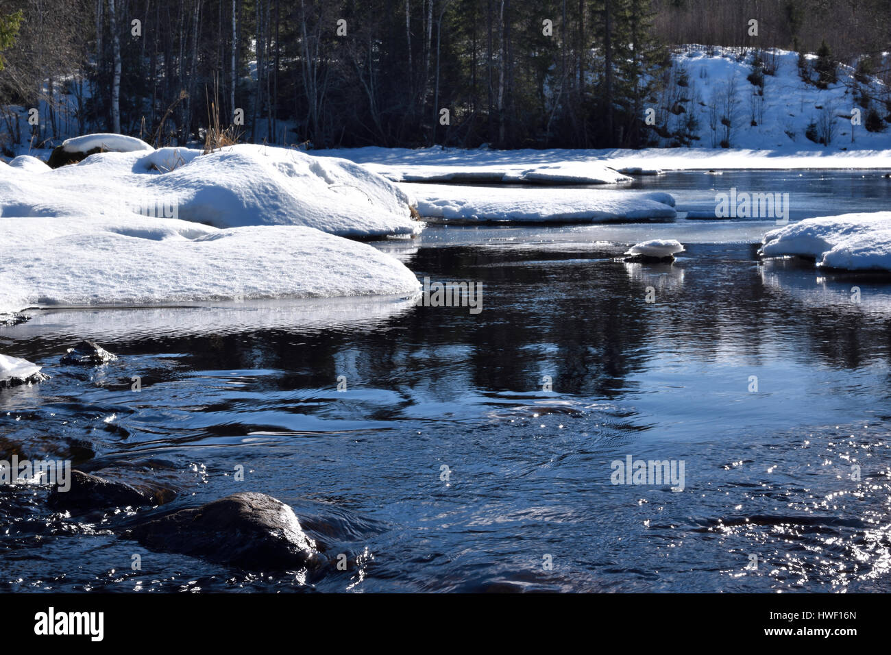 River in the forest with melting ice and snow on both sides,picture ...