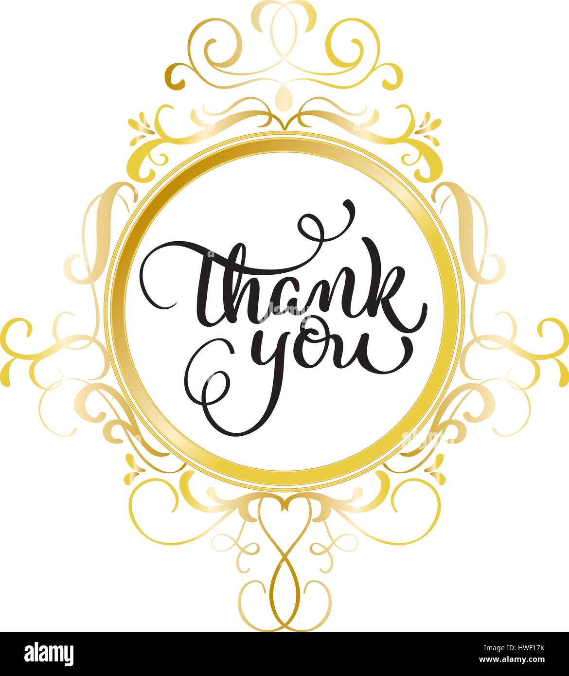 Thank you text with round gold frame on background. Calligraphy ...