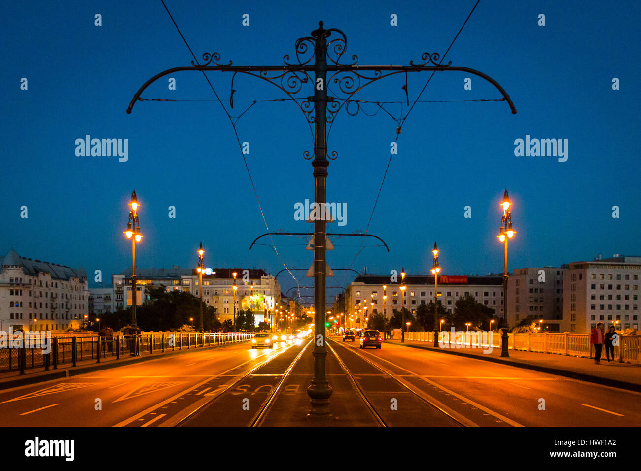Overhead tram lines on Margaret Bridge in Budapest, Hungary Stock Photo ...