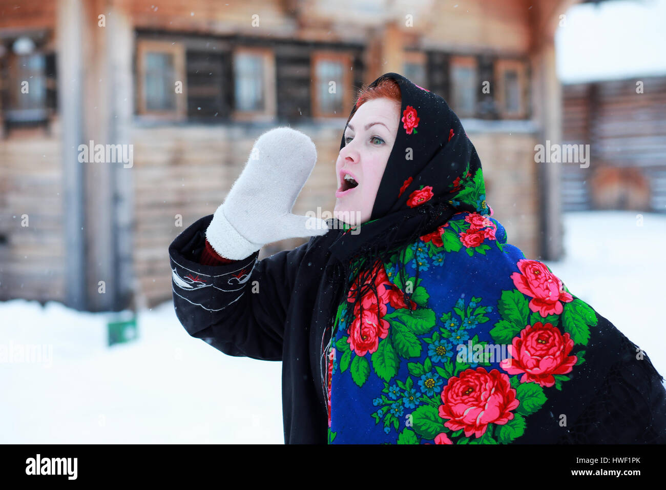 young girls in traditional costumes of the Russian north in wint Stock ...