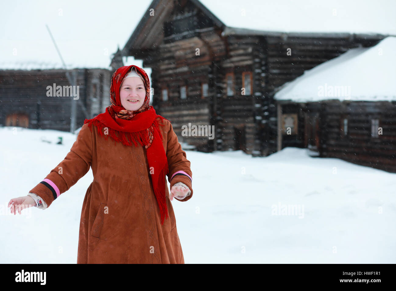 young girls in traditional costumes of the Russian north in wint Stock ...