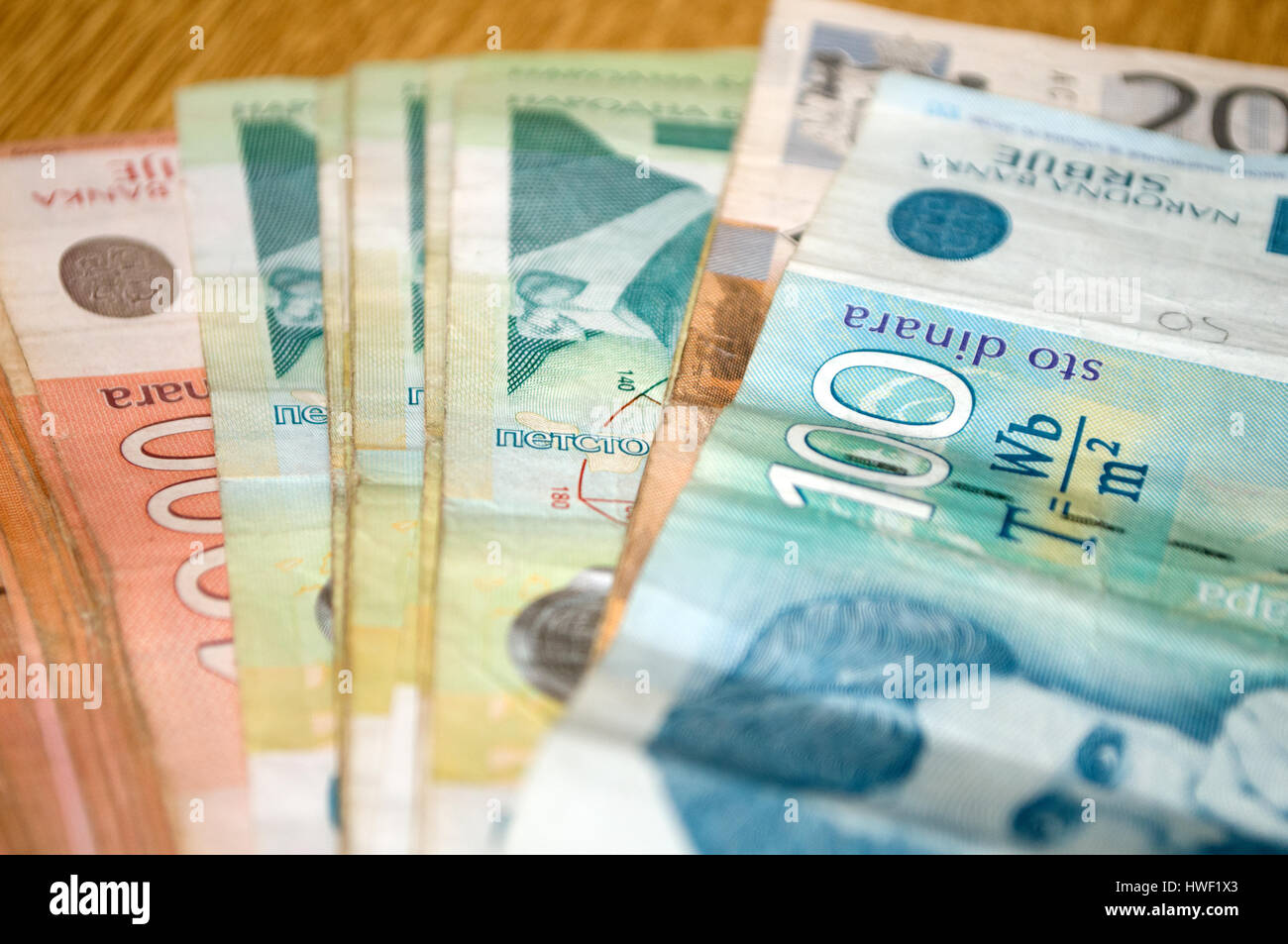 Serbian currency dinar. Banknotes of 500, 200 and 100 dinars Stock ...