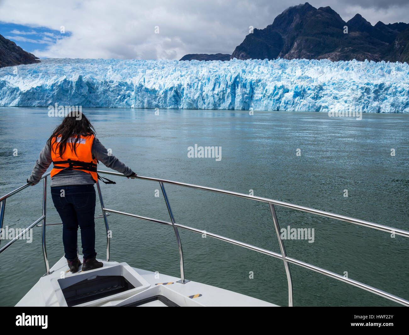 Tourists visiting the San Rafael glacier lagoon, view from excursion ...