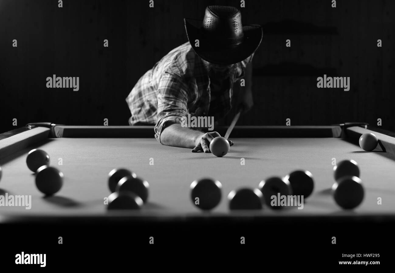 monochrome photo young man playing billiards Stock Photo - Alamy