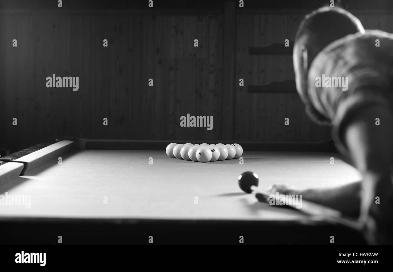 monochrome photo young man playing billiards Stock Photo - Alamy