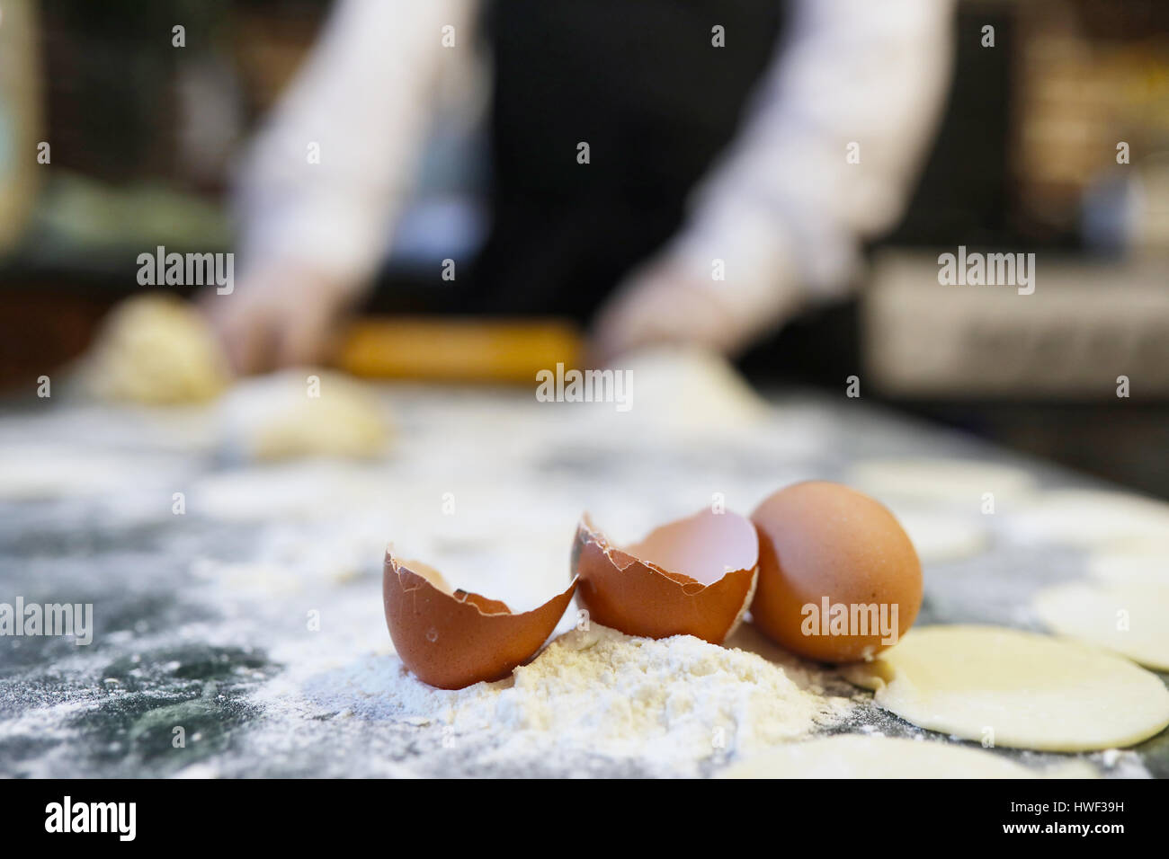 different ingredients for preparing flour products on kitchen ta Stock ...