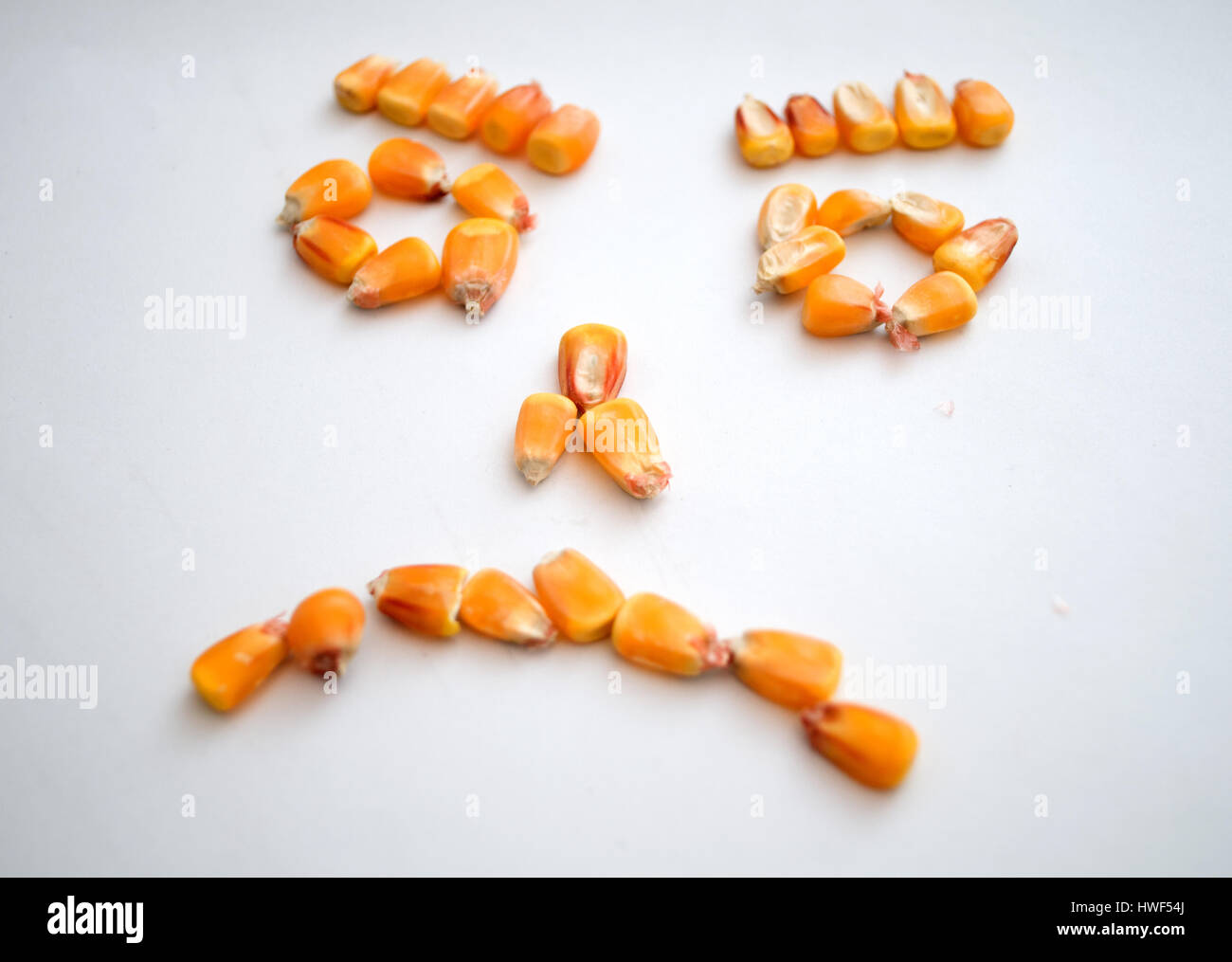 Healthy ecological corn in the form of angry smiley face on a white ...