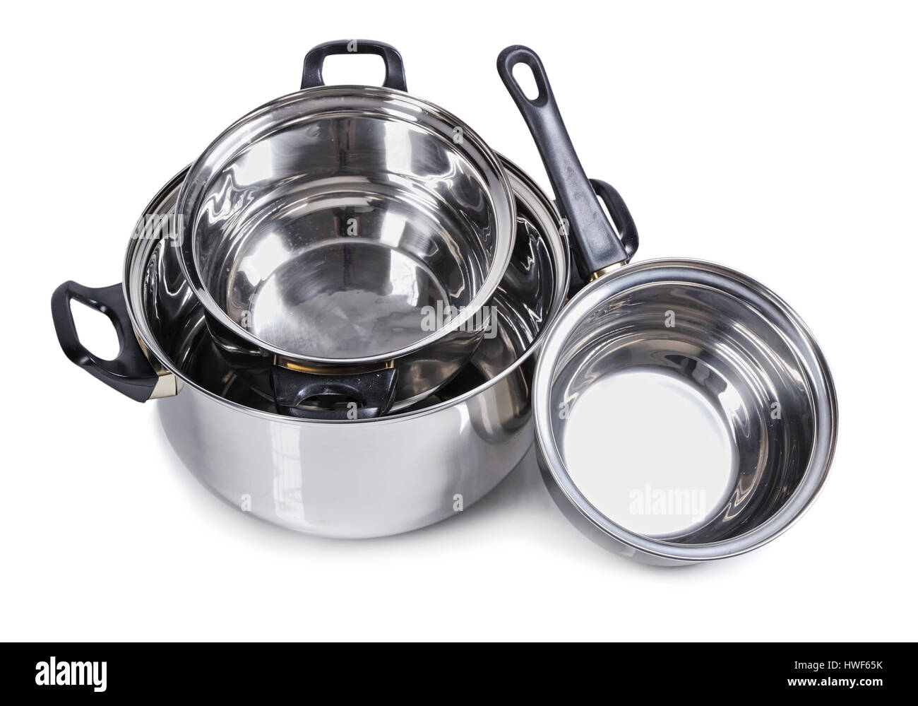 Set of metallic silver pan isolated on white Stock Photo - Alamy