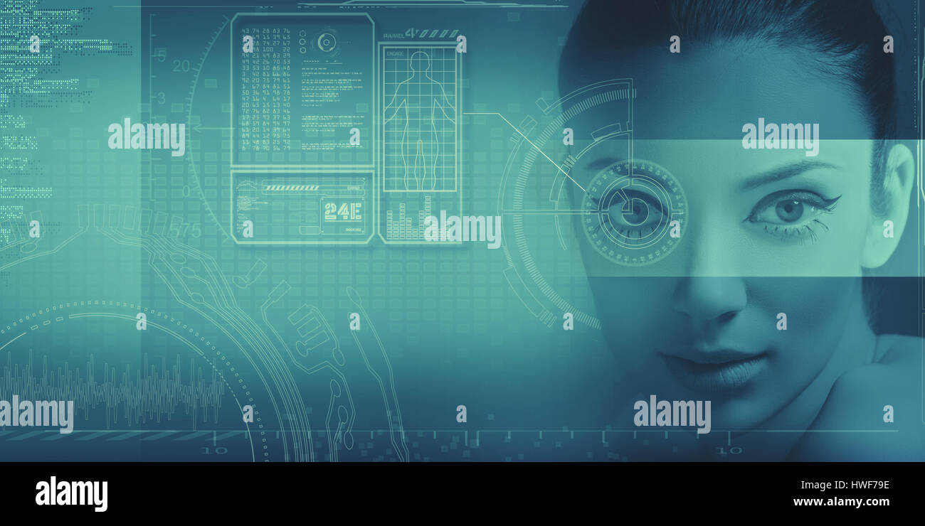 Abstract science and technology background with human face and graphs ...