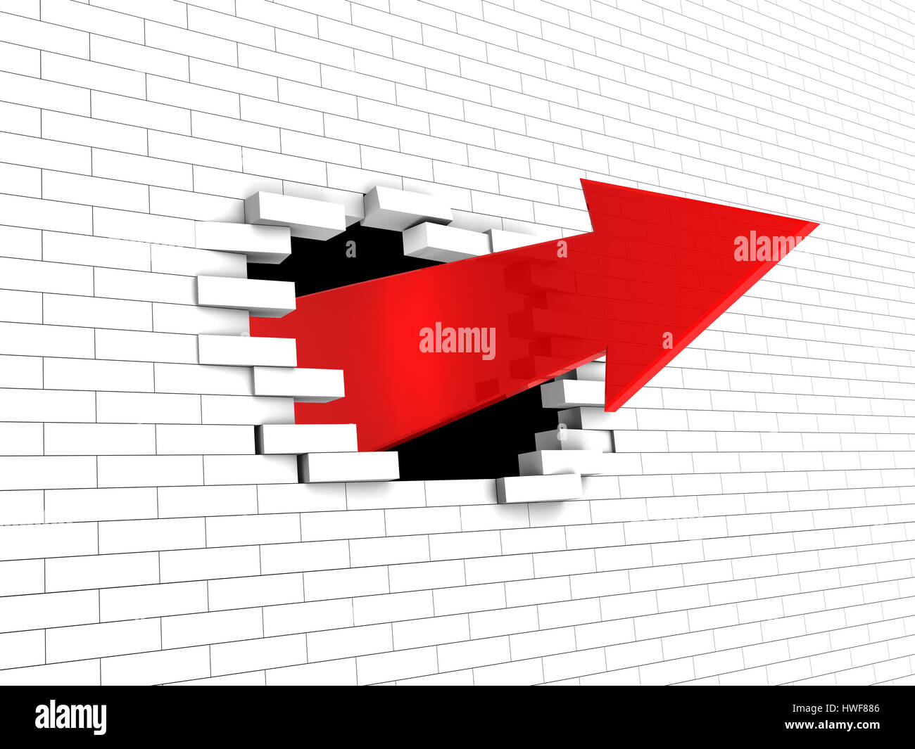 abstract 3d illustration of arrow breaking white brick wall Stock Photo ...