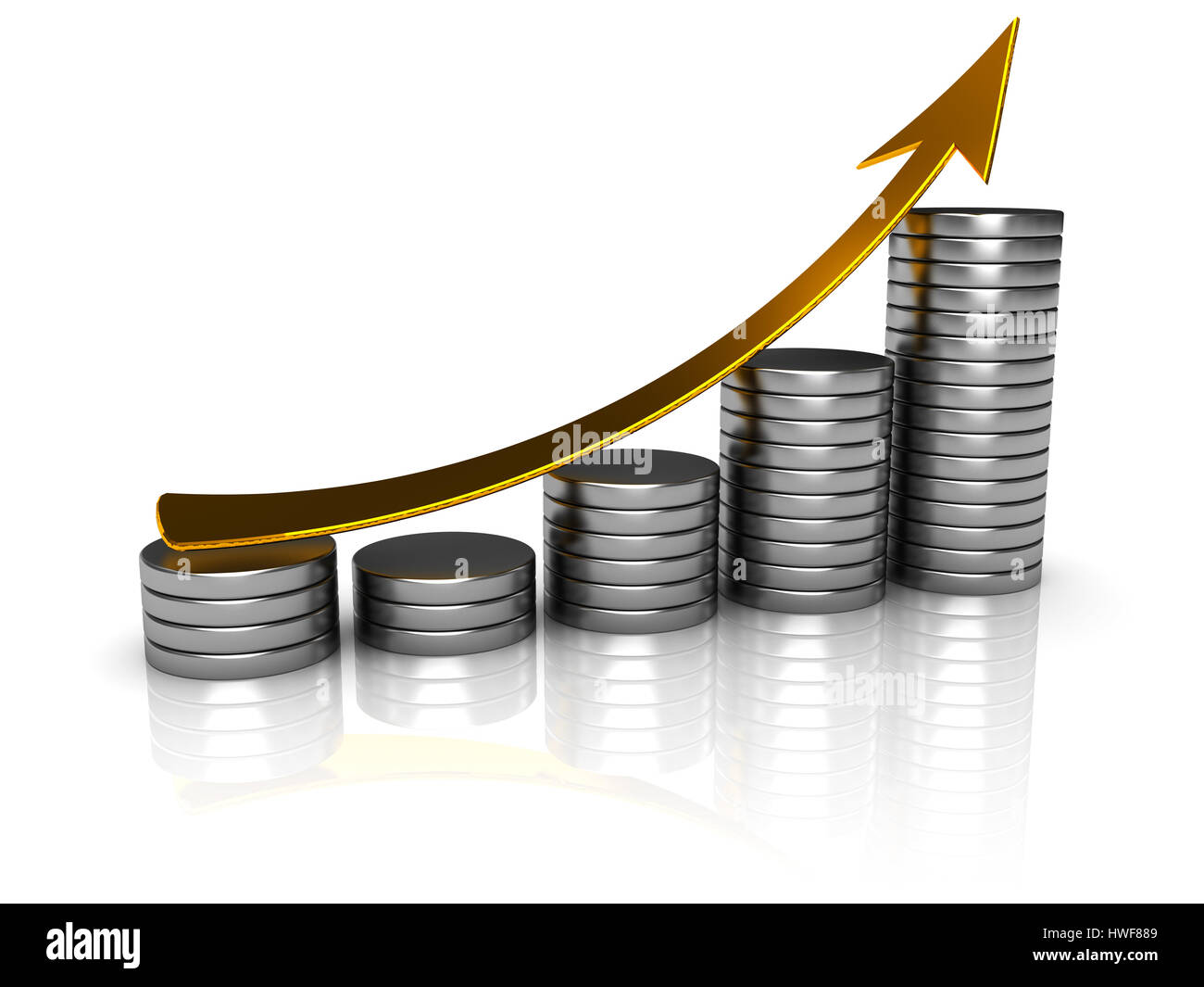 3d illustration of steel raising charts and golden arrow Stock Photo ...