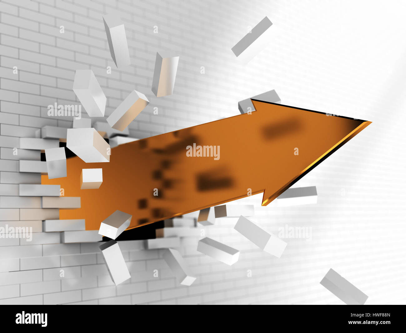 abstract 3d illustration of golden arrow breaking brick wall Stock ...