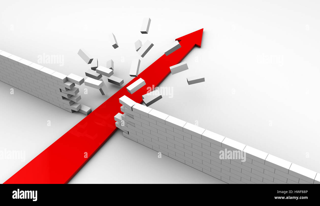 abstract 3d illustration of strong arrow breaking white brick wall ...