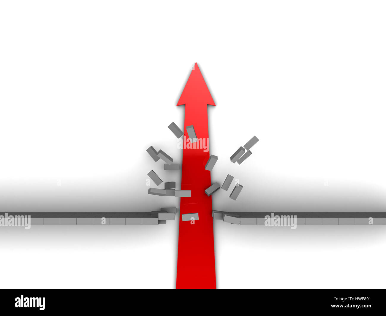 abstract 3d illustration of arrow braking brick wall over white ...