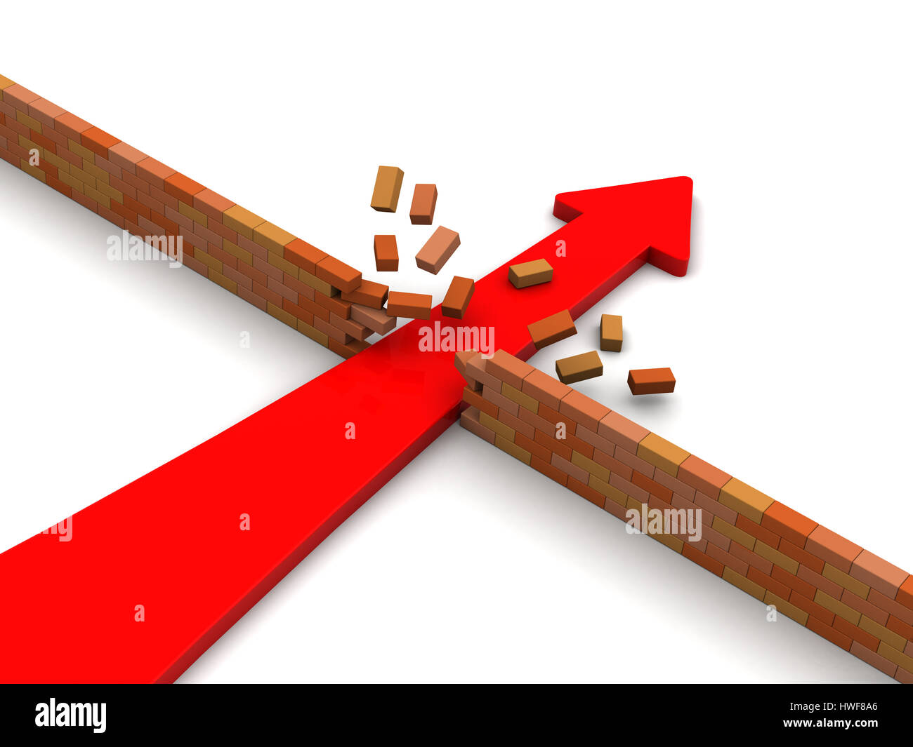 abstract 3d illustration of red arrow breaking wall Stock Photo - Alamy