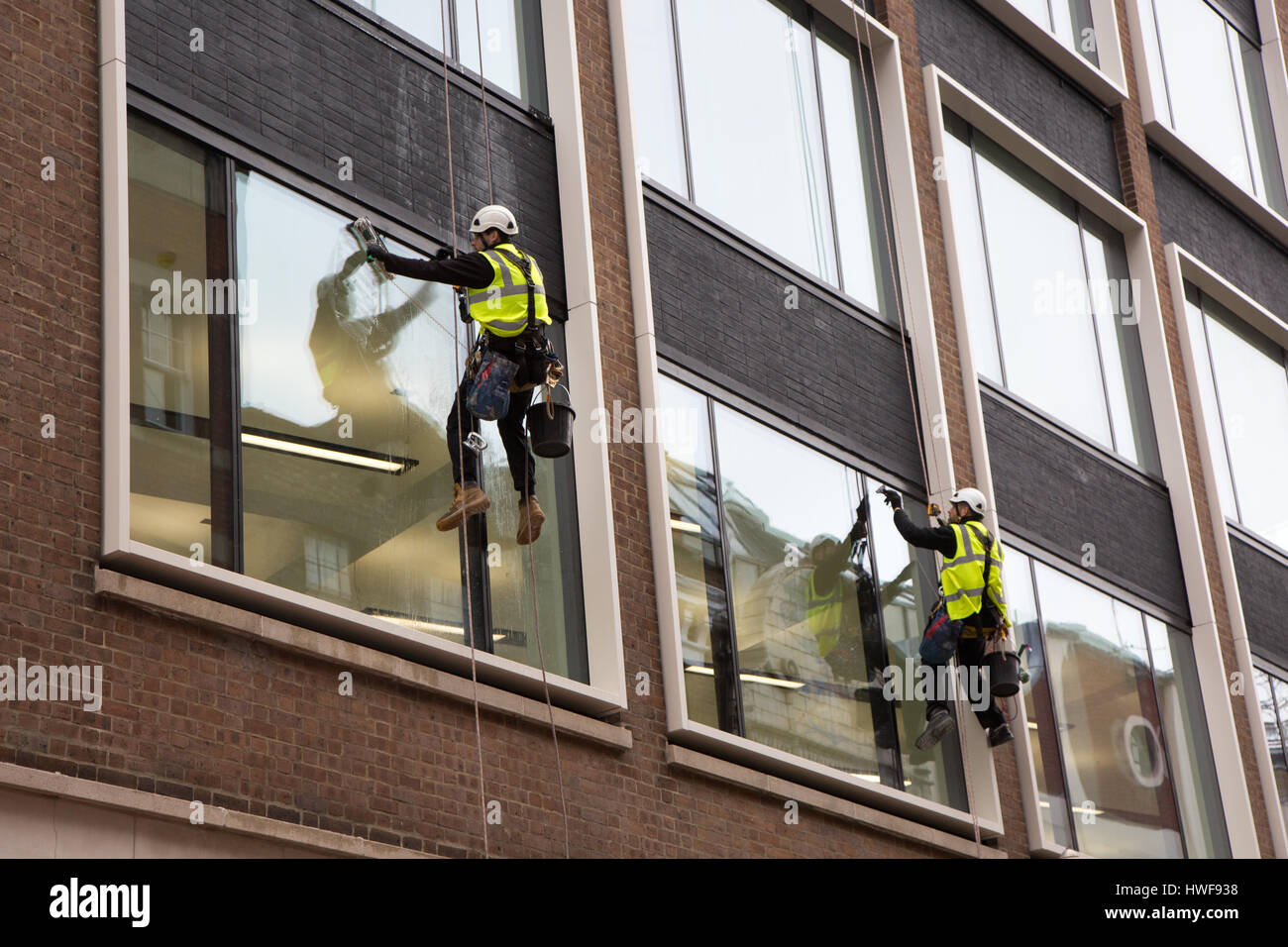 Two window cleaners working while abseiling down a new office block in ...