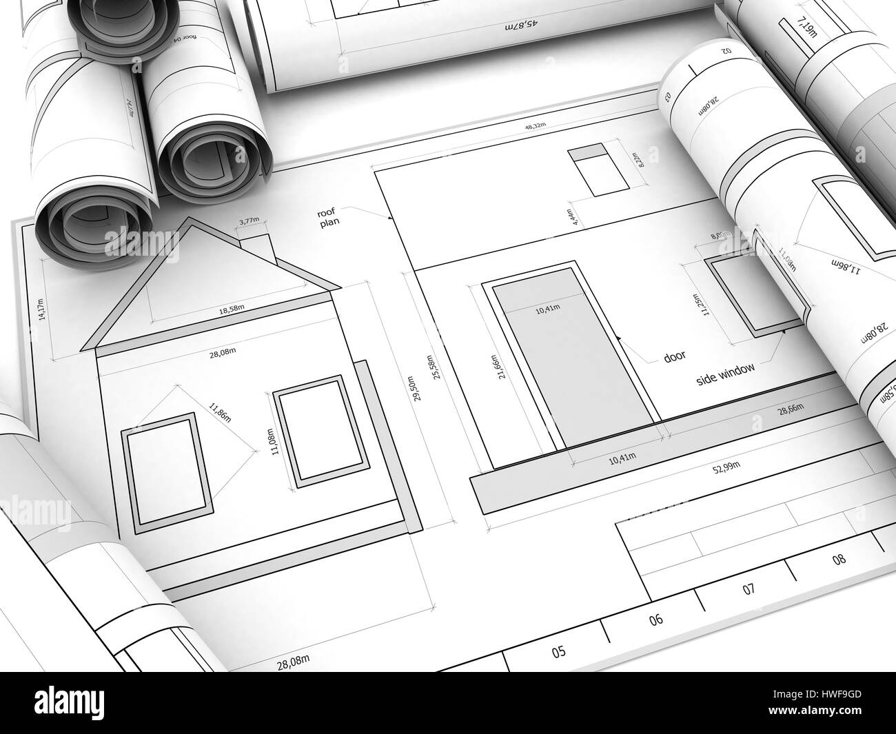 Blueprint background construction house at an angle Black and White ...