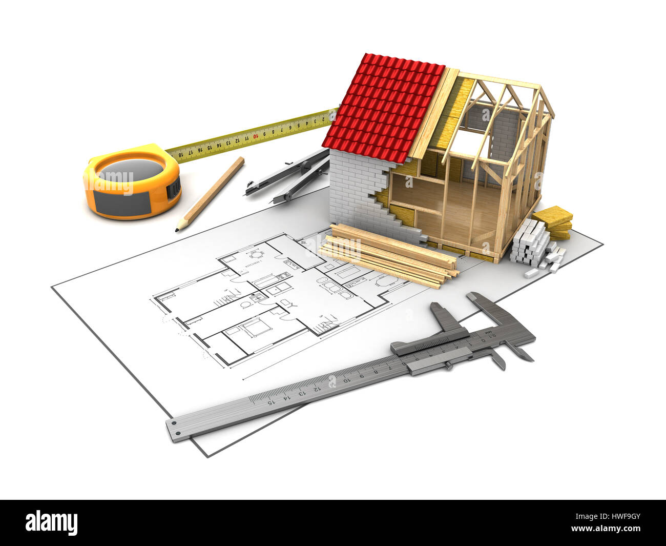 3d illustration of frame house model and blueprints Stock Photo - Alamy