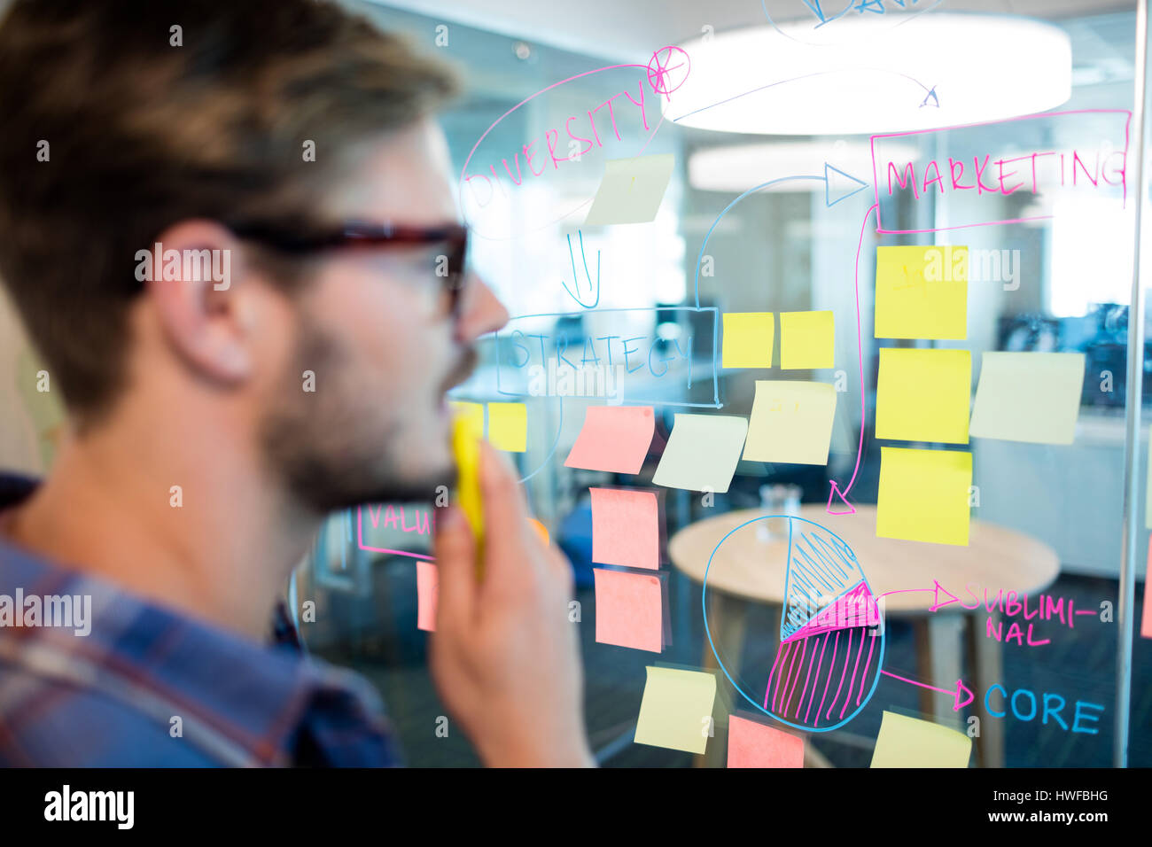 Thoughtful man reading sticky notes on the glass wall in office Stock ...