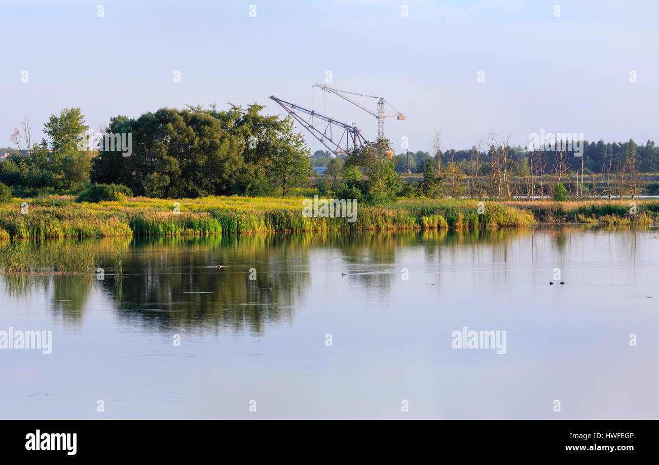 Evening summer lake landscape with plants reflections on water surface ...