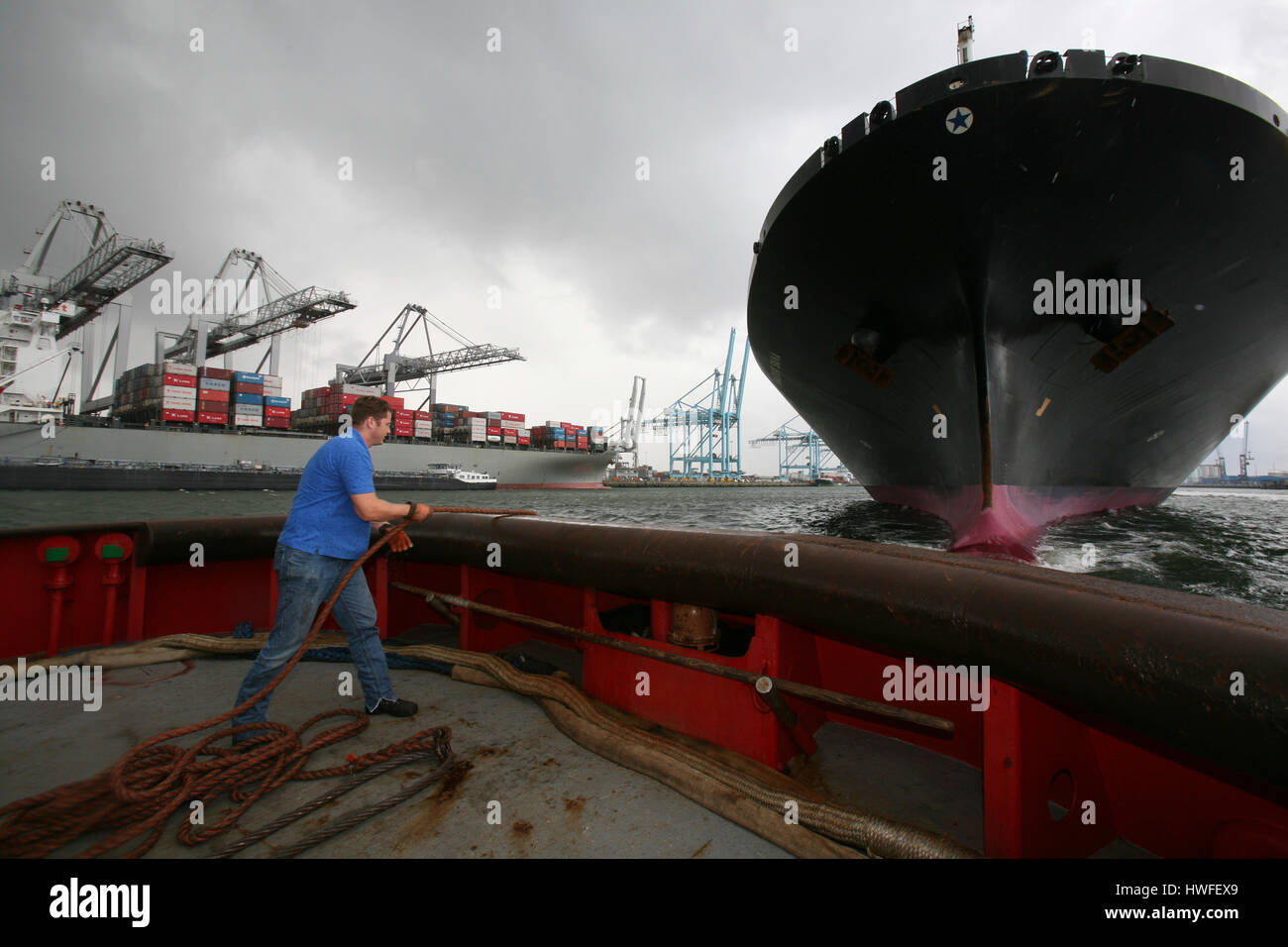 tugboat at work in rotterdam harbor Stock Photo - Alamy
