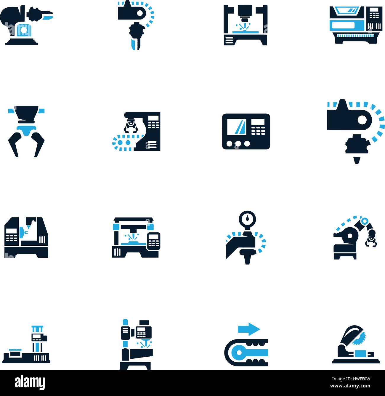 Vector machine tool icons set. Work and factory, production industrial ...