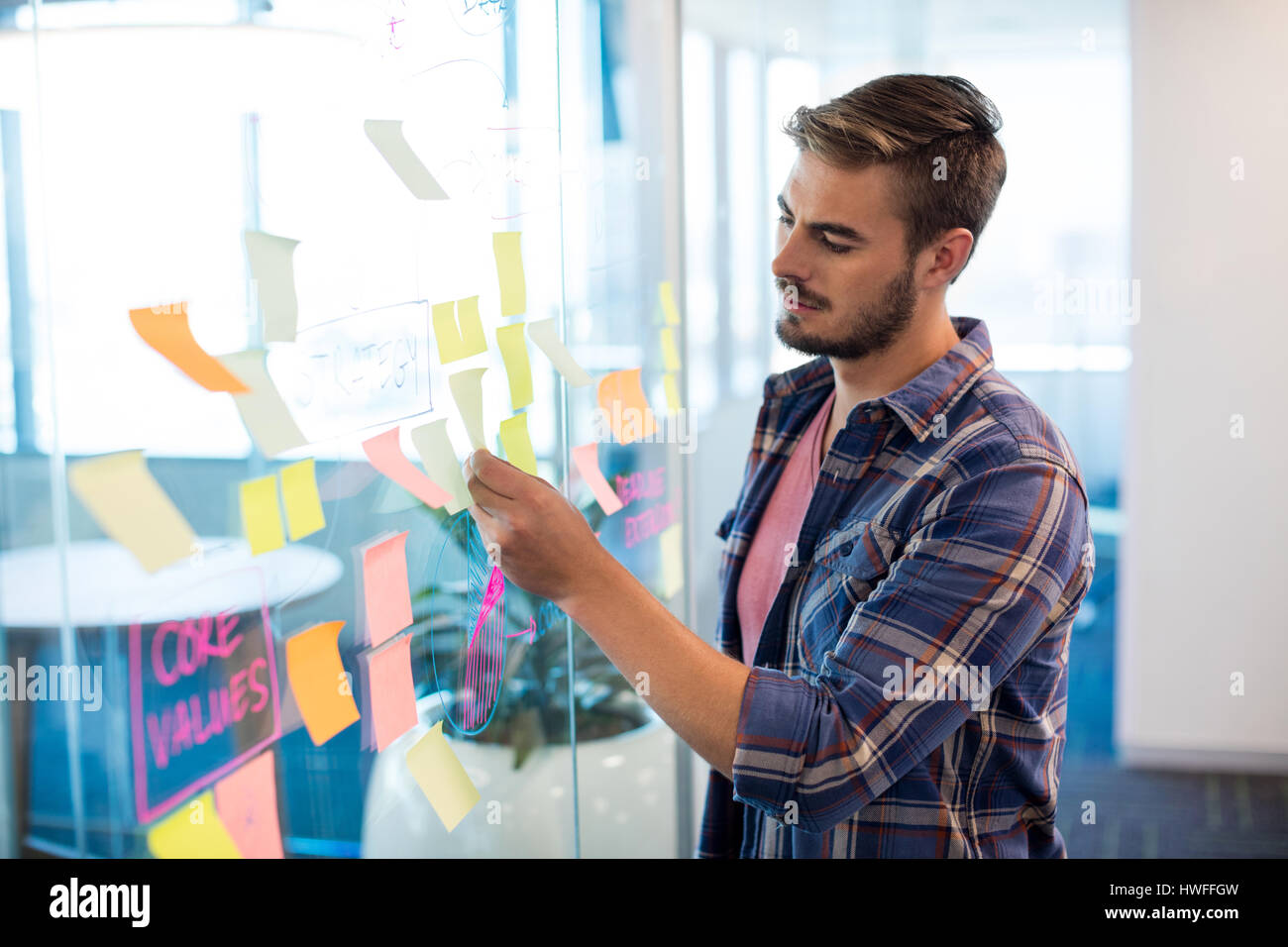 Man reading sticky notes on the glass wall in office Stock Photo - Alamy