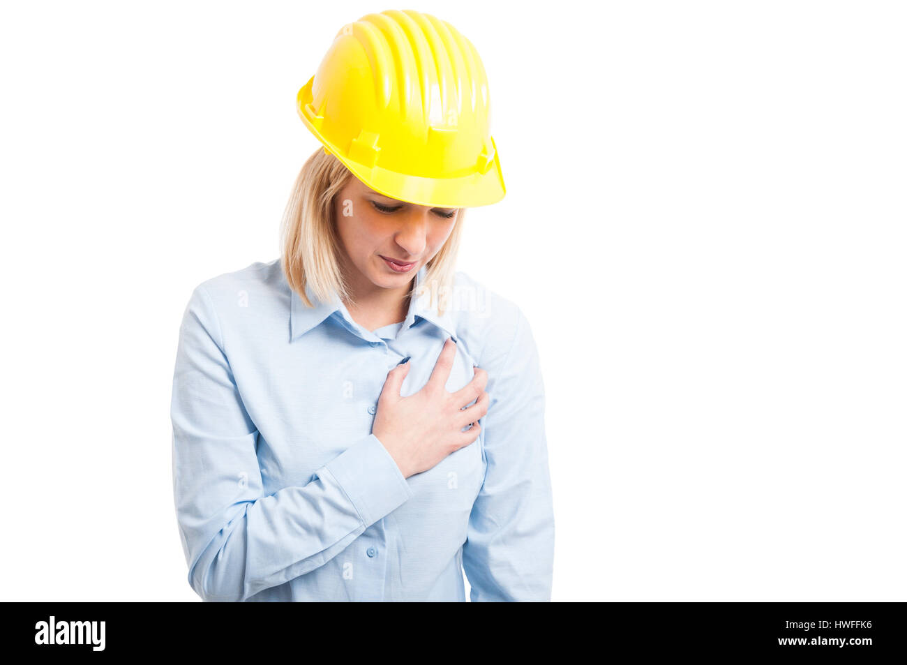 Portrait female engineer having a heart attack or strong pain isolated ...