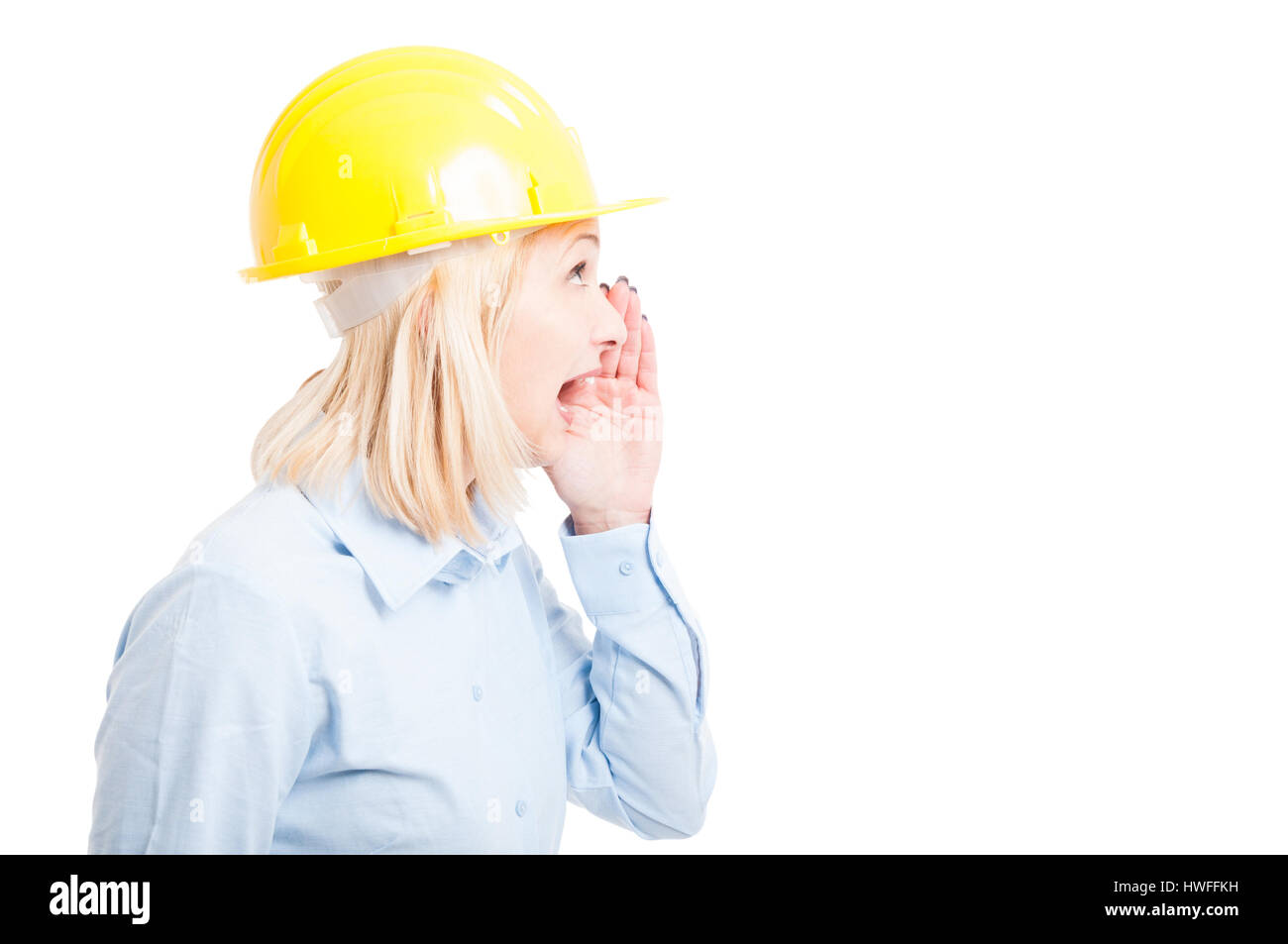 Side view female engineer making shouting or screaming gesture isolated ...