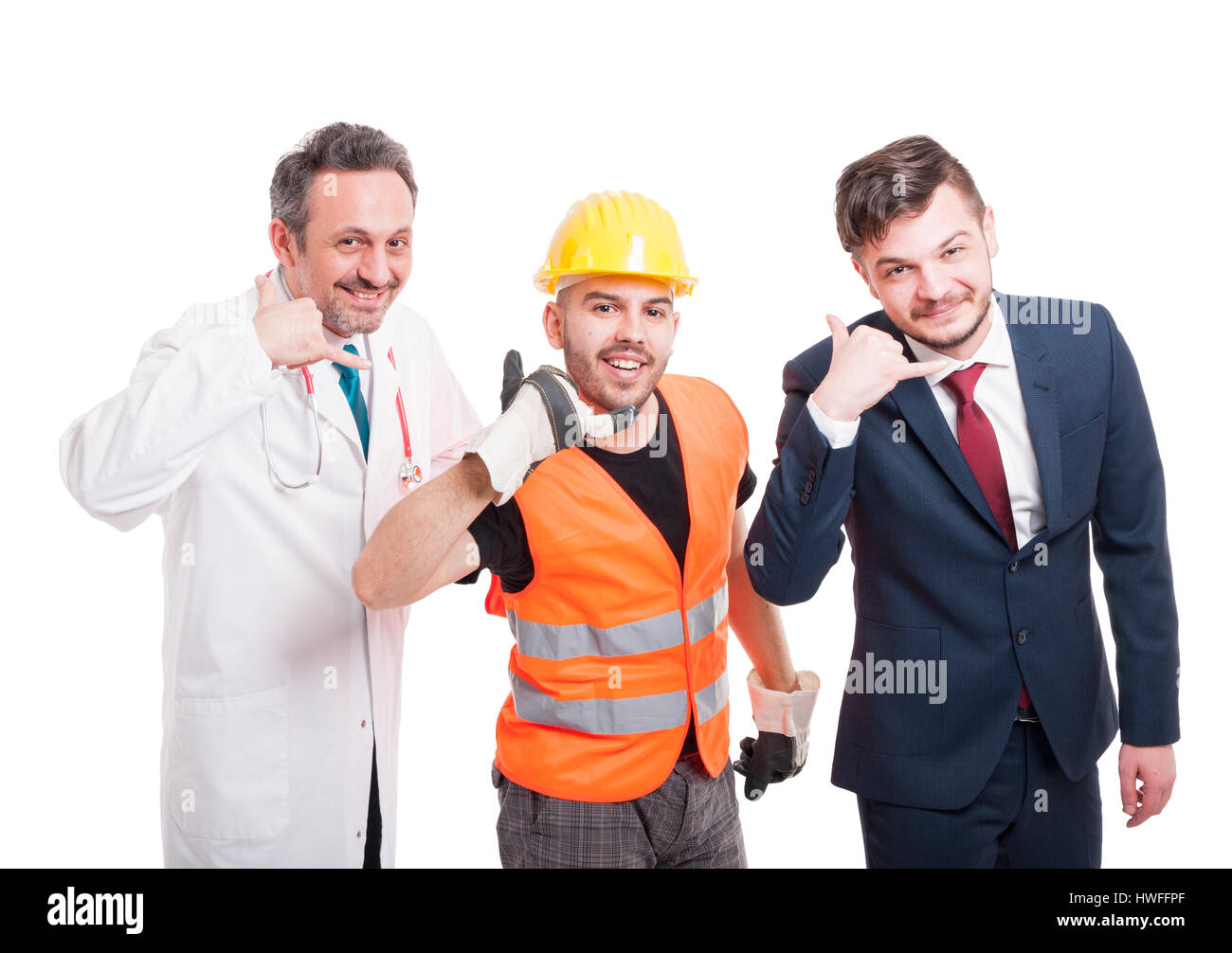 People with different jobs smiling and doing call gesture with their ...