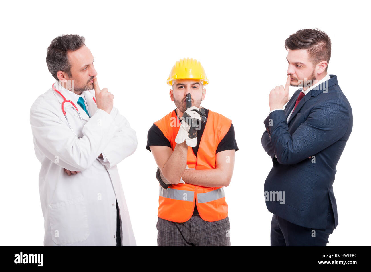 Group of people with different professions doing shush gesture as ...