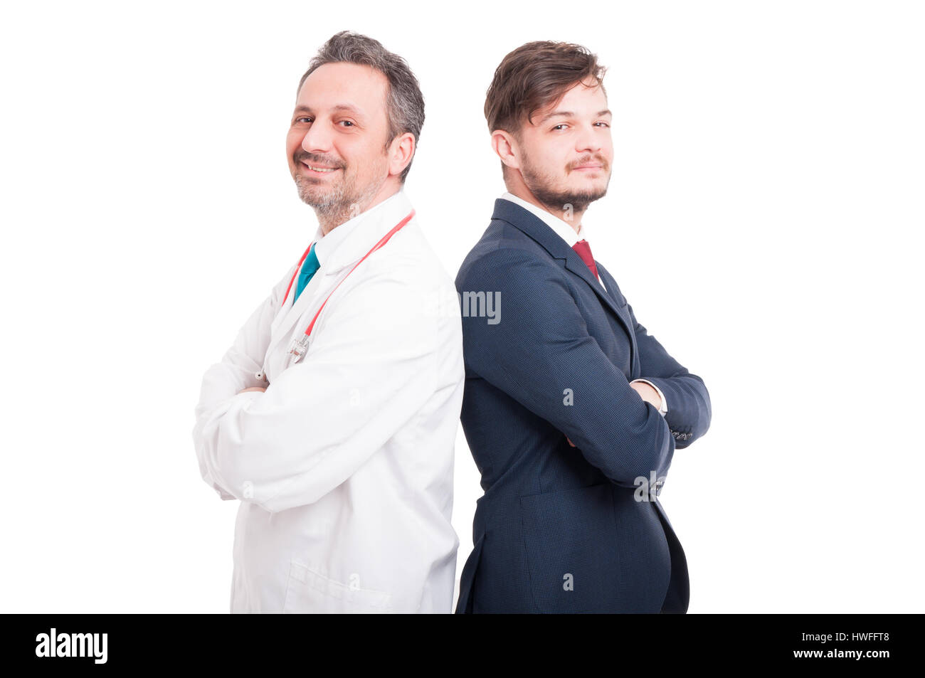 Confident and successful doctor and lawyer standing back to back on ...