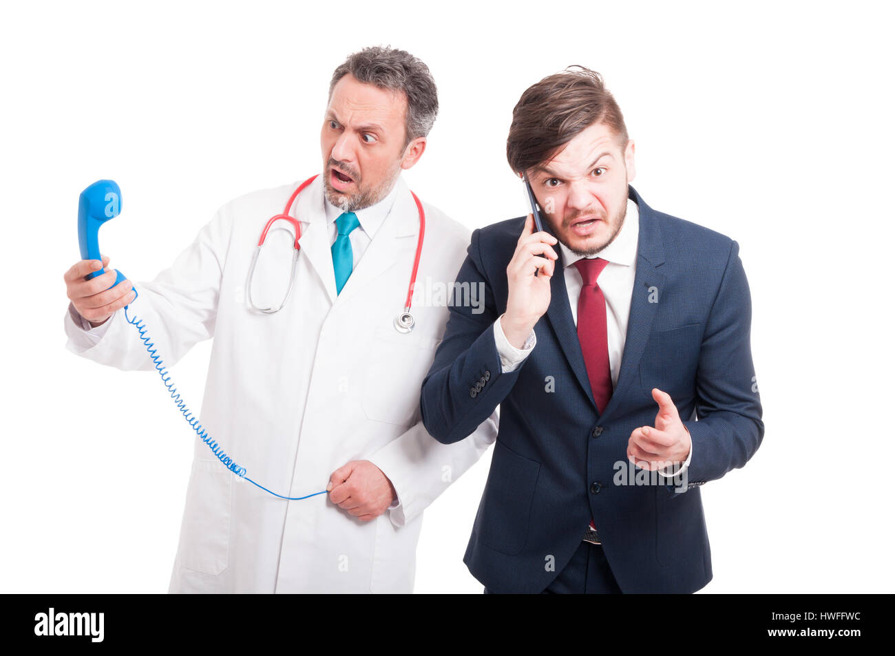 Angry businessman and doctor yelling at someone on cellphone on white ...