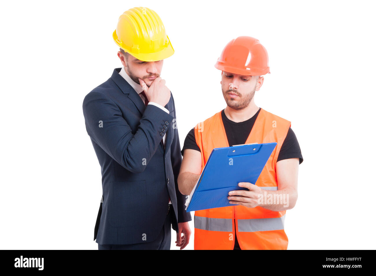 Professional engineer discussing a project with businessman isolated on ...