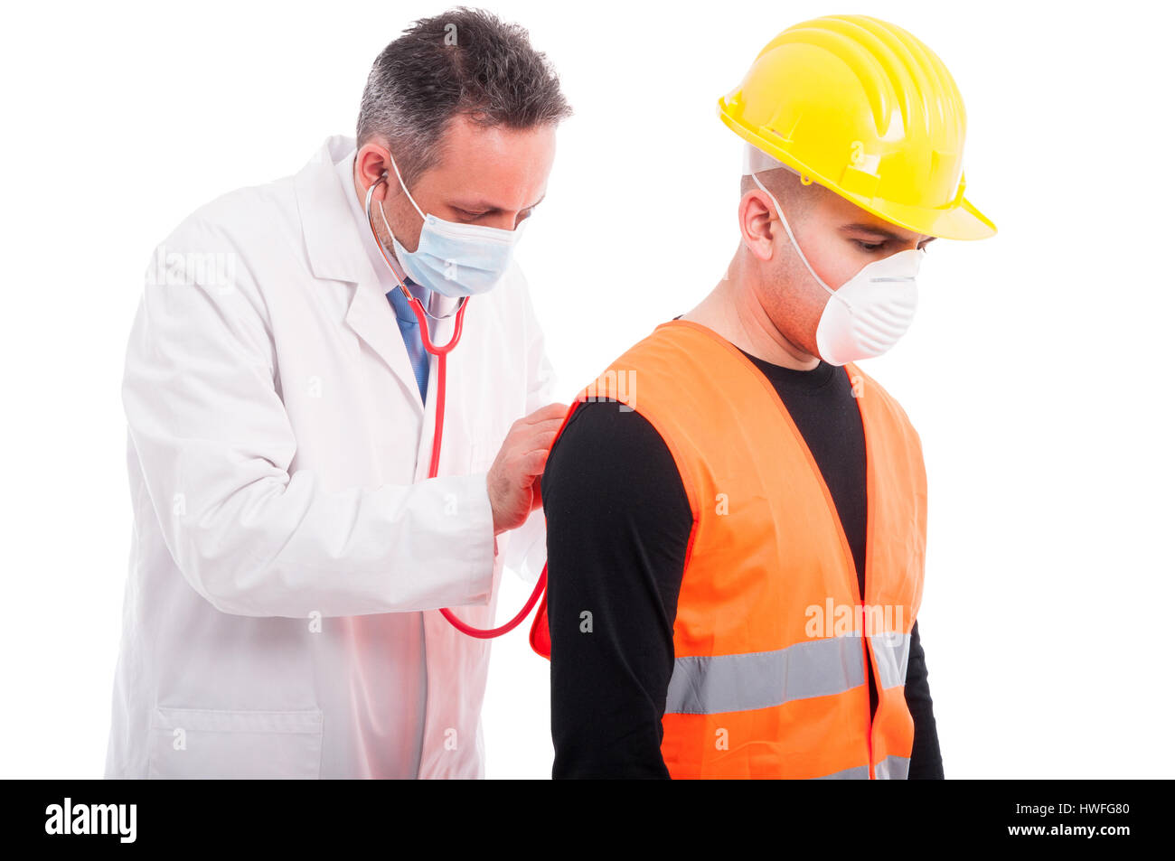 Doctor checking constructors lungs from back with stethoscope like ...