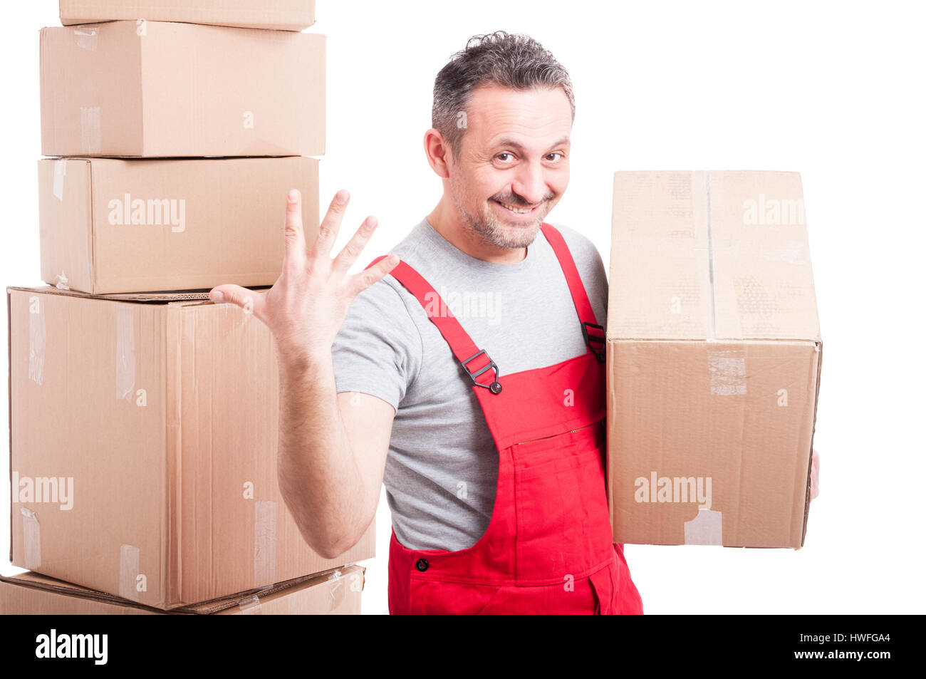 Portrait of mover man holding box showing number five gesture and ...