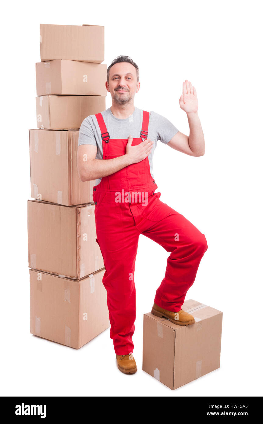 Full body of mover man in overall making swear gesture surrounded by ...