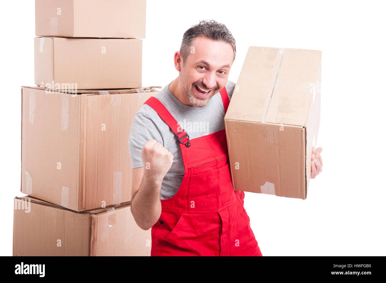 Happy mover guy holding box and making success or winning gesture with ...