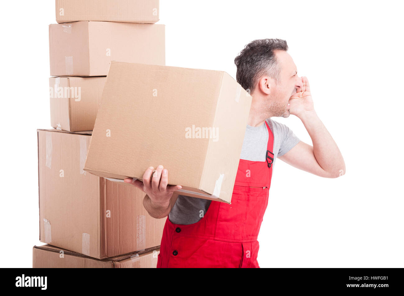 Side view of mover guy holding box and screaming out loud isolated on ...