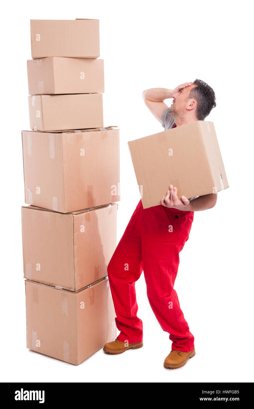 Full body of mover guy making face palm gesture while looking at bunch ...