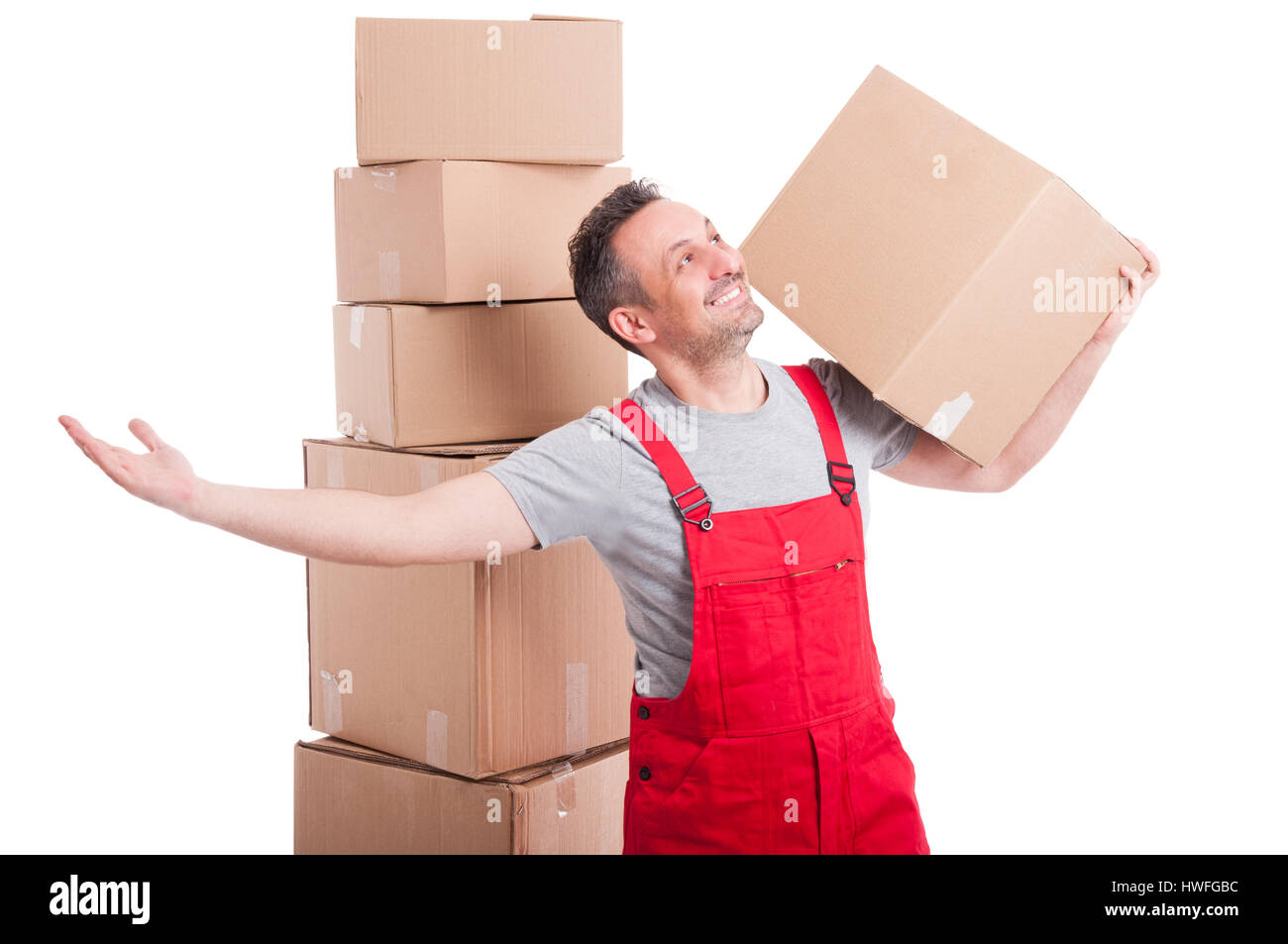 Happy mover guy holding box and looking up with arms wide open and ...